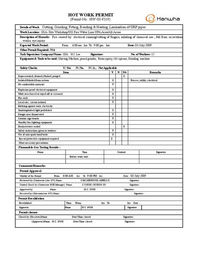 HOT WORK PERMIT Cutting & Grinding of GRP Pipes | PDF | Fiberglass ...