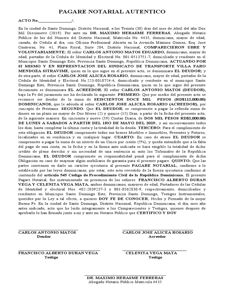 Pagare Notarial Autentico | PDF | República Dominicana | Pagos