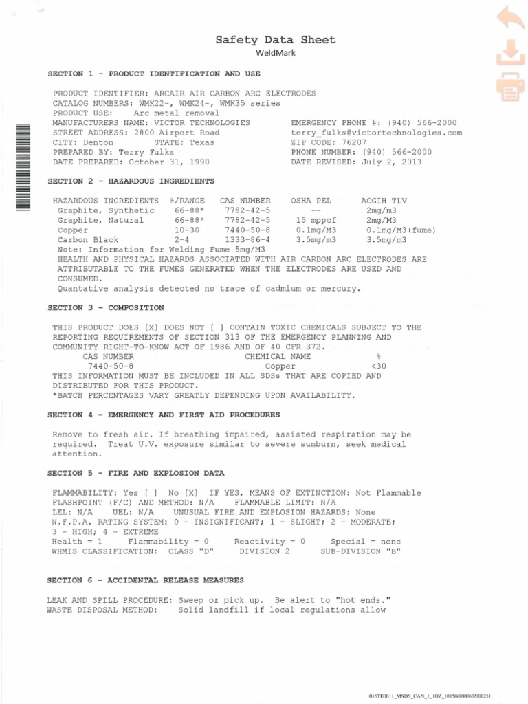 ARCAIR (MSDS) COPPERCLAD POINTED ELECTRODES Expires 16-07-02 | PDF ...