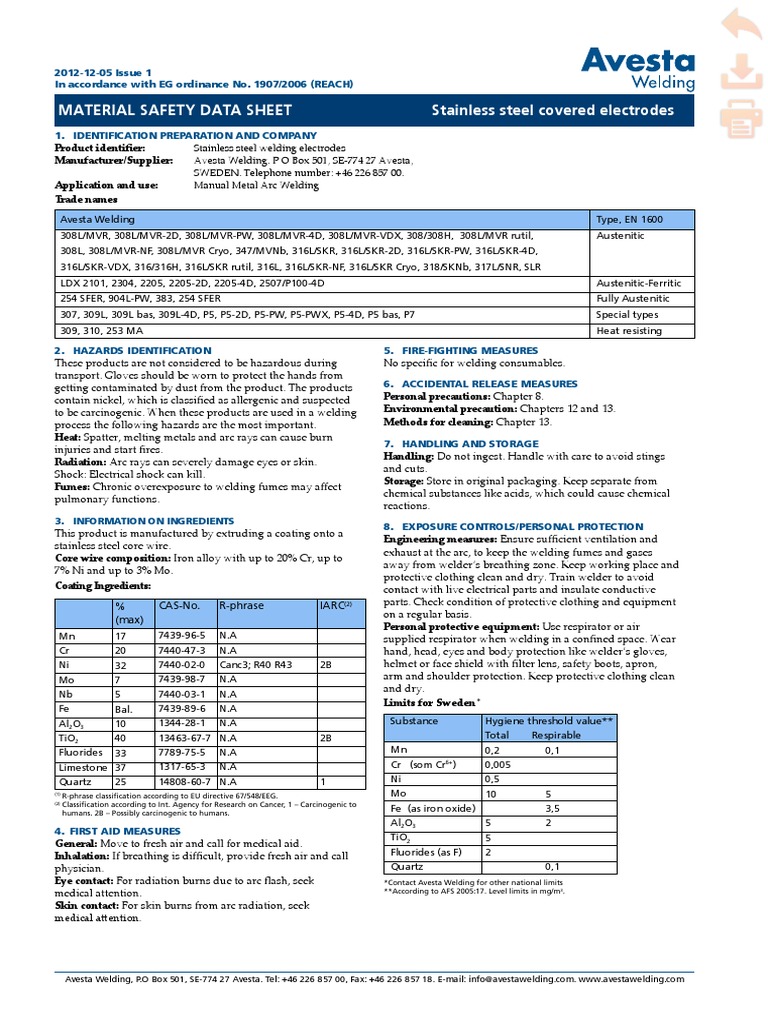 BÖHLER (MSDS) SMAW-AVESTA 2205 E2209-15 Expires 15-12-05 | PDF ...