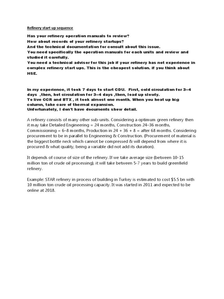 Refinery Start Up Sequence | PDF | Oil Refinery | Liquefied Petroleum Gas