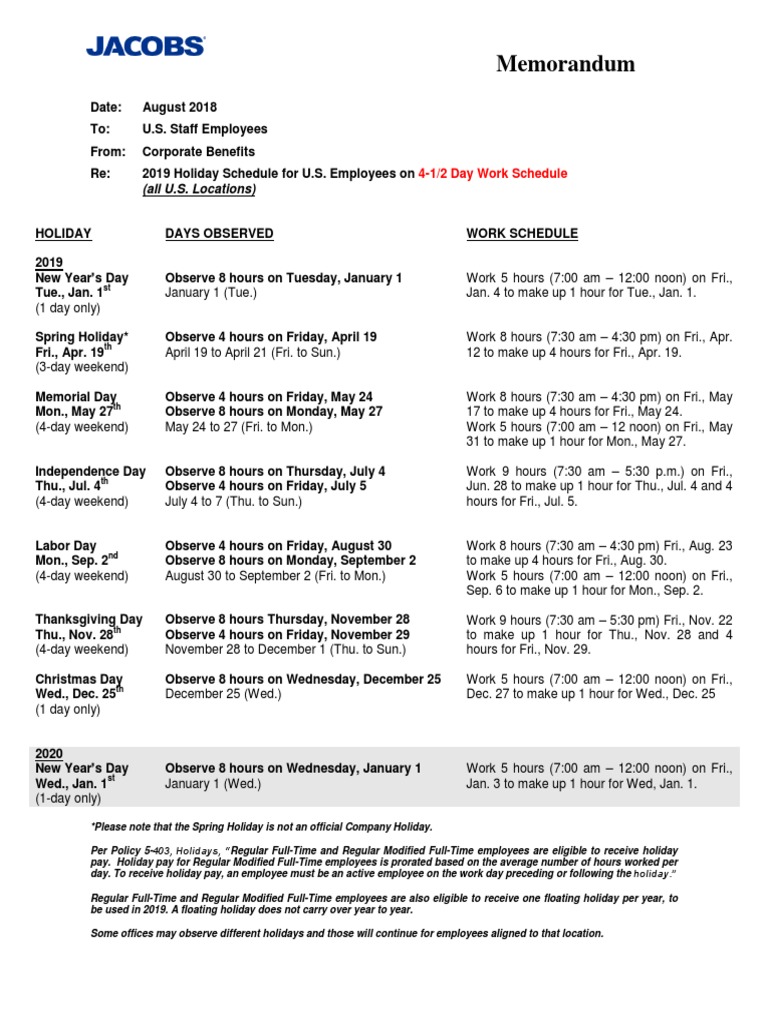 2019 Holiday Schedules for U.S. Employees on Various Work Schedules ...
