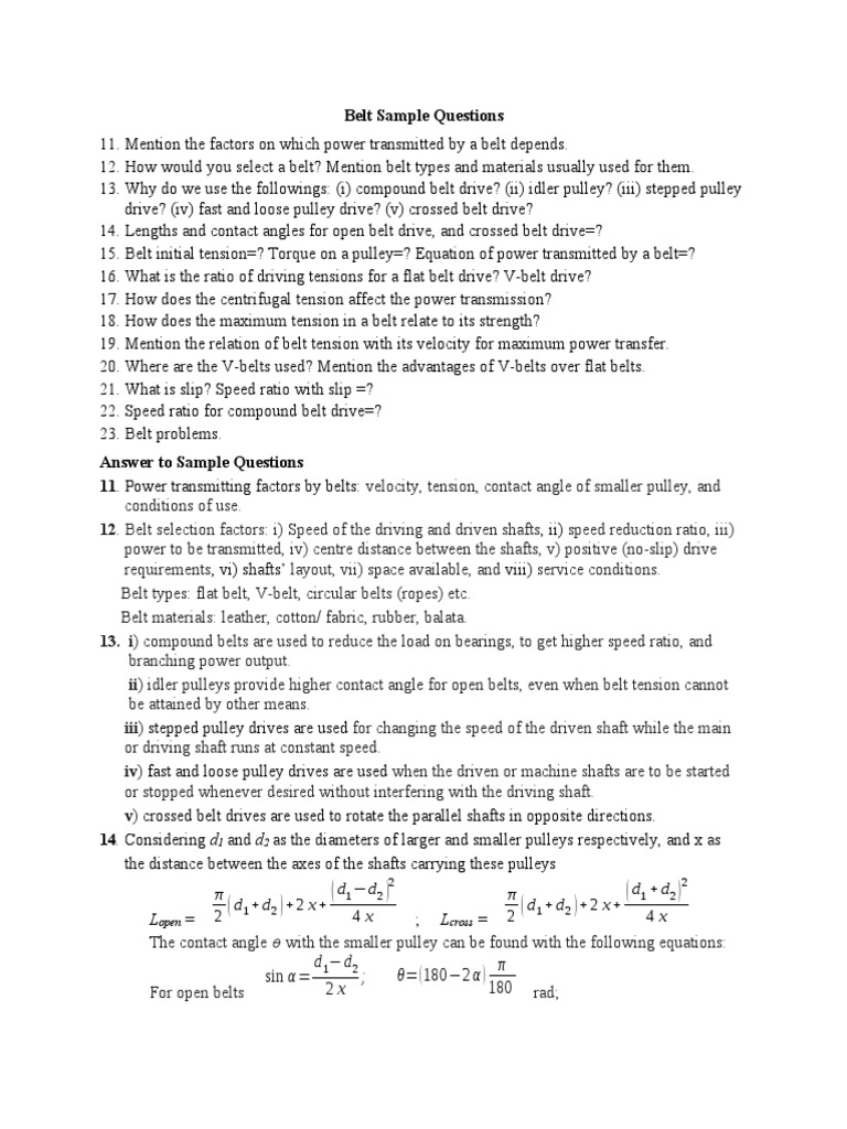 Belt Sample Question Answers | PDF | Belt (Mechanical) | Classical ...