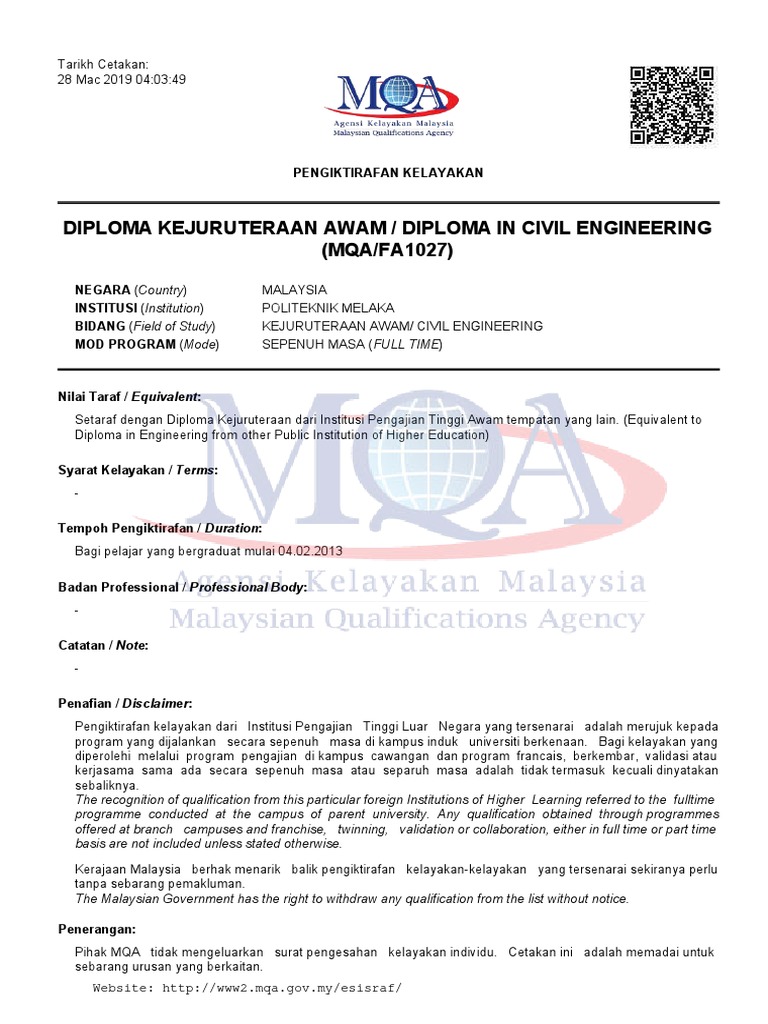 Diploma Kejuruteraan Awam / Diploma in Civil Engineering (MQA/FA1027) | PDF