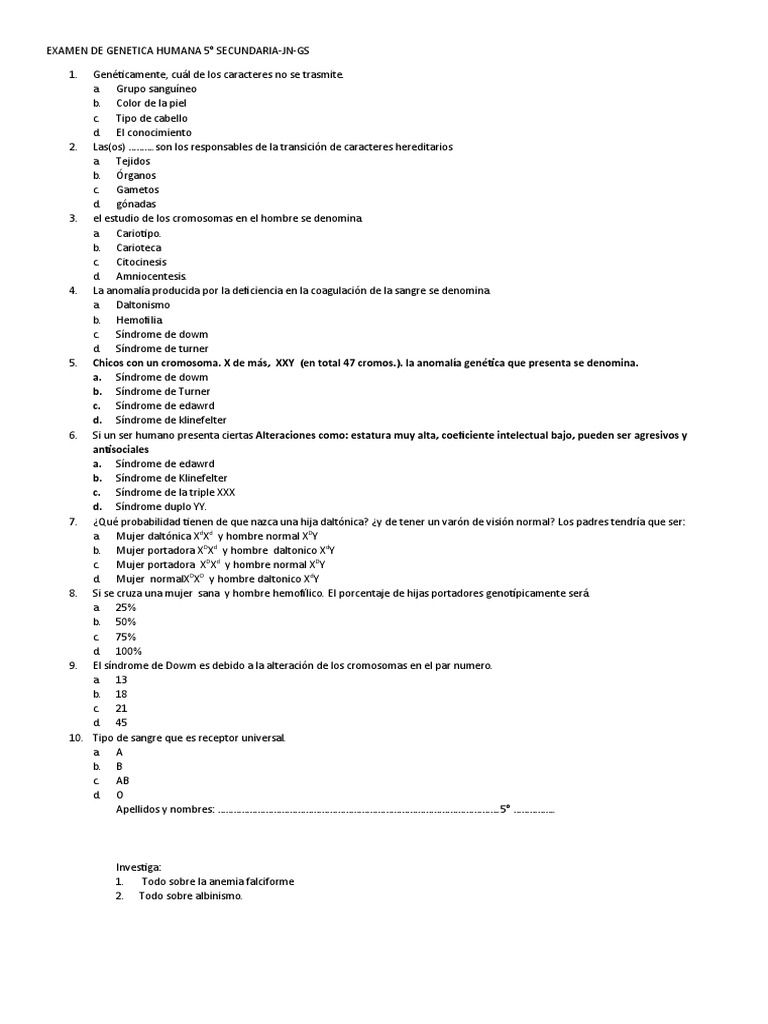 Examen de Genética Humana 5° Secundaria | PDF