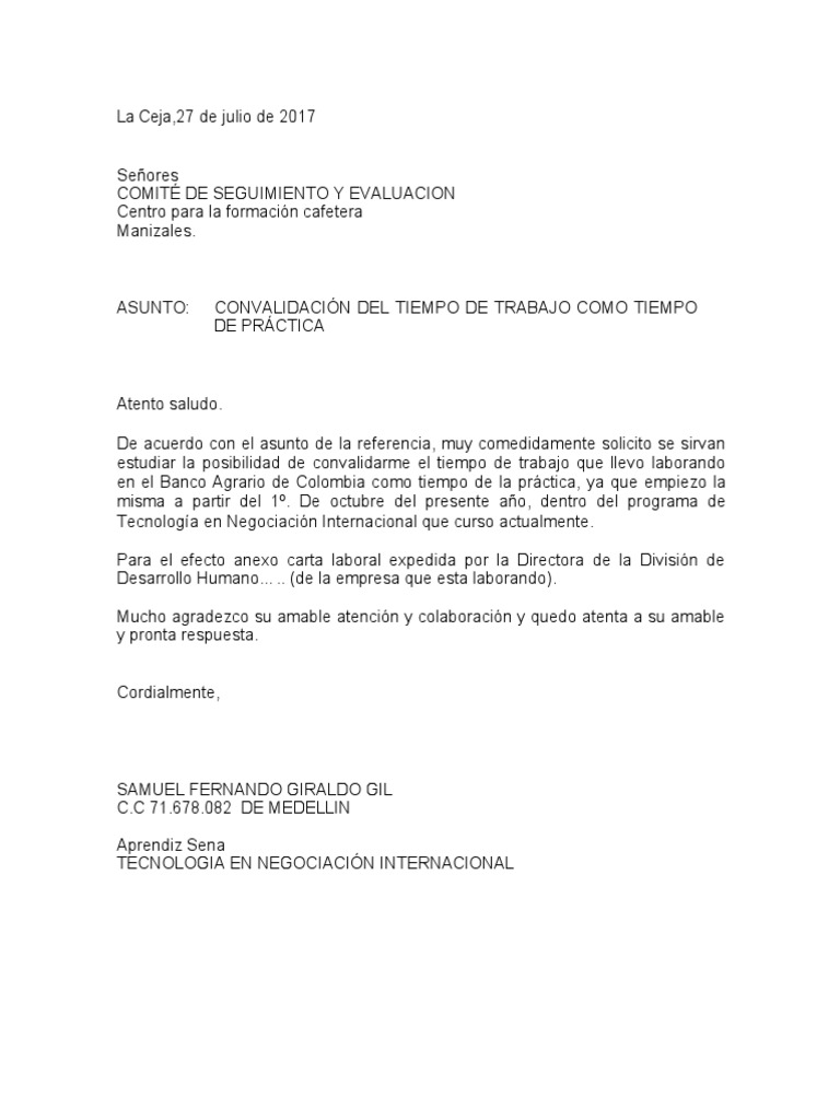 Carta Convalidacion Practica Sena | PDF