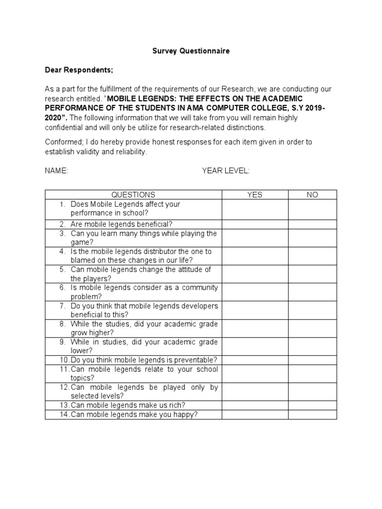 Survey Questionnaire Dear Respondents | PDF