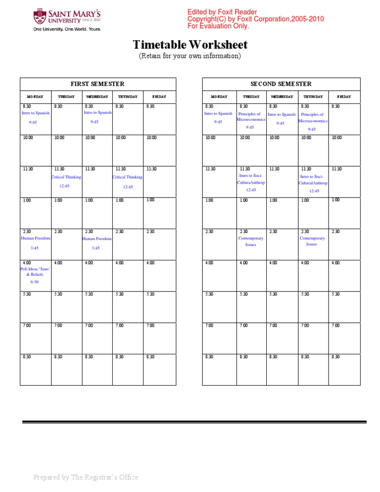 Timetable Worksheet | PDF