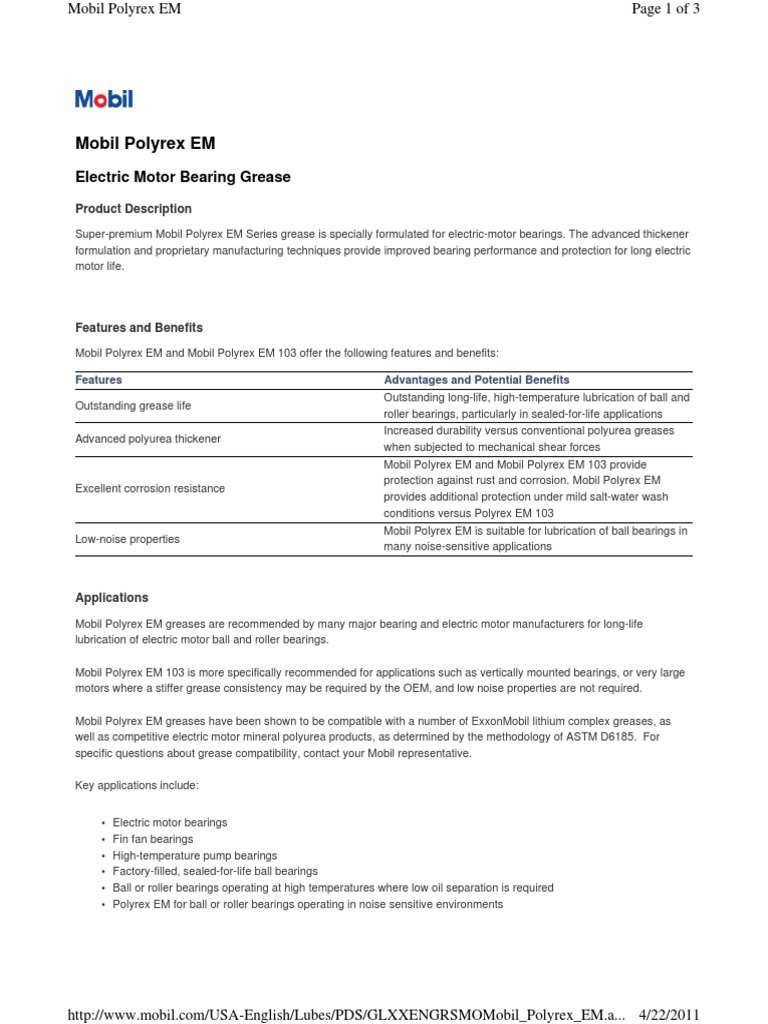 Mobil Polyrex EM: Electric Motor Bearing Grease | Download Free PDF ...