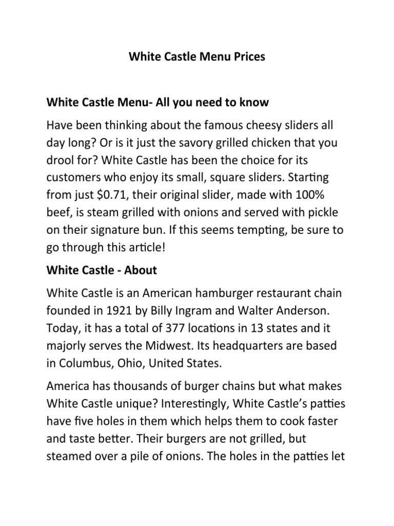White Castle Menu | PDF | Hamburgers | Western Cuisine