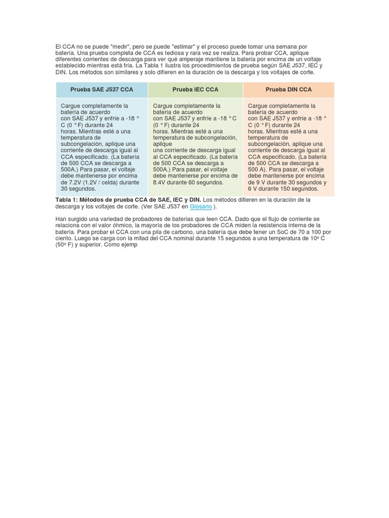 Métodos de Prueba CCA según SAE J537 | PDF | Electricidad ...