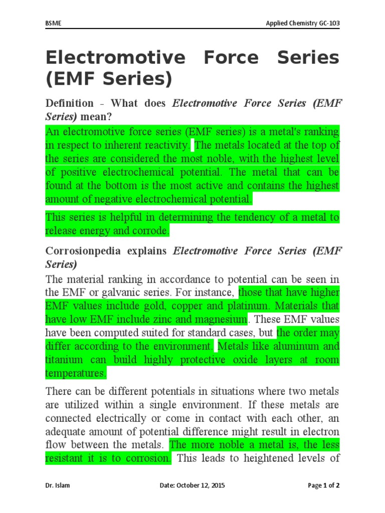 Definition - What Does Electromotive Force Series (EMF | PDF ...