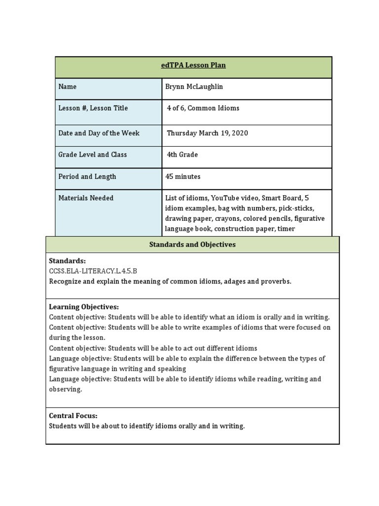 Edtpa Lesson Plan: Ccss - Ela-Literacy.L.4.5.B | PDF | Idiom | Vocabulary