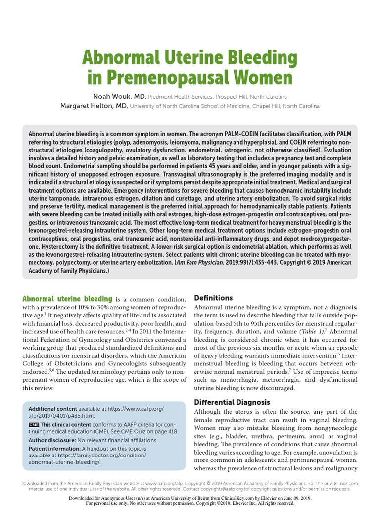 Abnomal Uterine Bleeding in Premenopausal Women AAFP | PDF ...