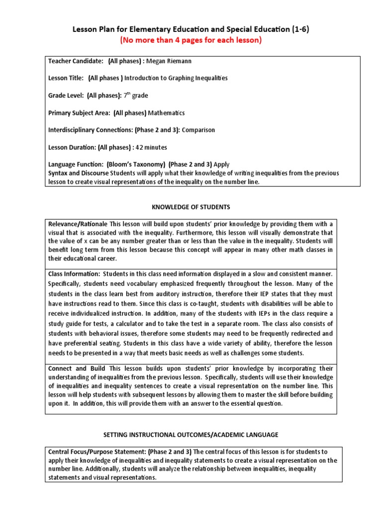 Lesson Plan For Elementary Education and Special Education (1-6) | PDF ...