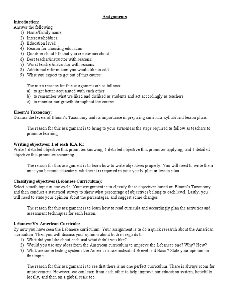 Beirut Education Course Assignments | PDF | Curriculum | Lesson Plan