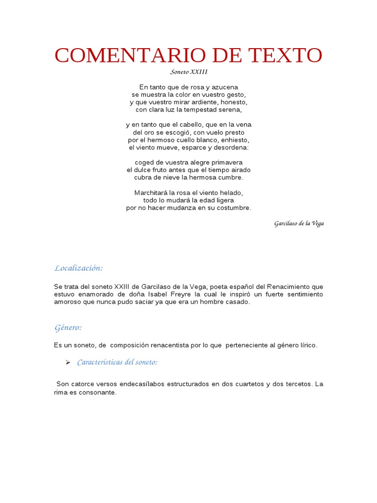 Comentario de Texto Soneto XXIII Garcilaso de La Vega | PDF | Sonetos ...