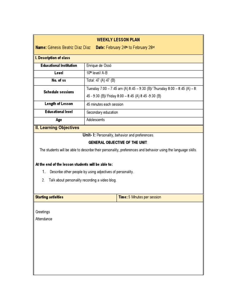 Weekly Lesson Plan-Gendiaz | PDF | Extraversion And Introversion | Teachers