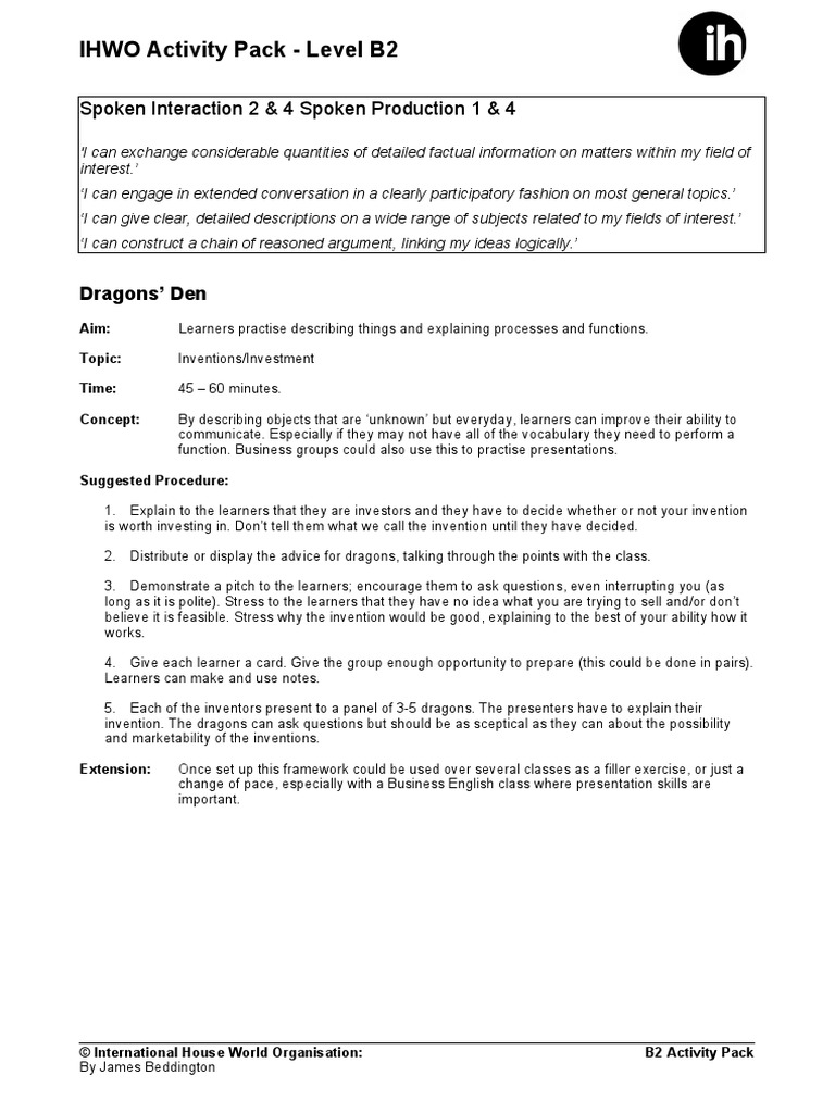 IHWO Activity Pack - Level B2: Spoken Interaction 2 & 4 Spoken ...