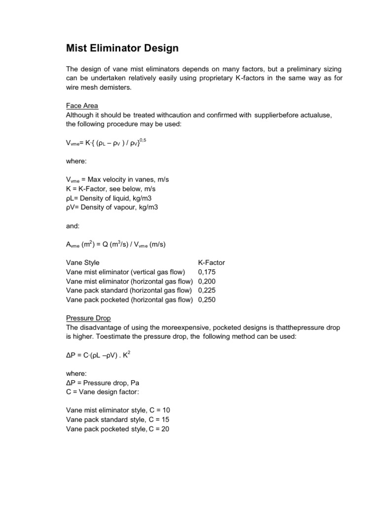 Vane Mist Eliminator Design Guide | PDF | Pressure | Continuum Mechanics