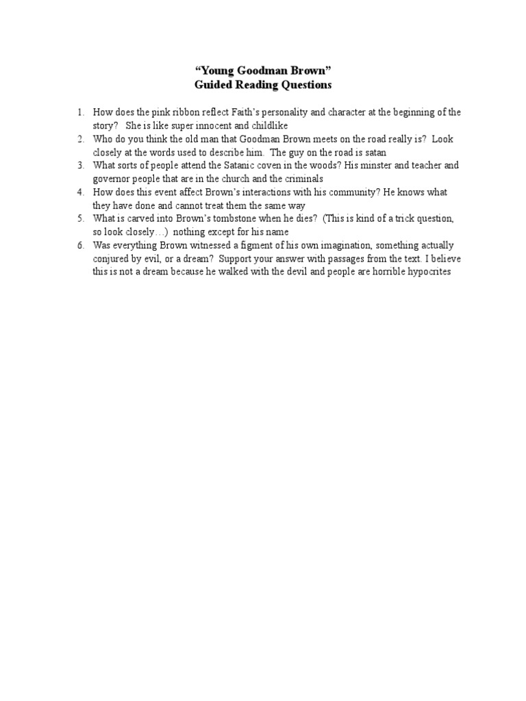 Young Goodman Brown Reading Questions | PDF