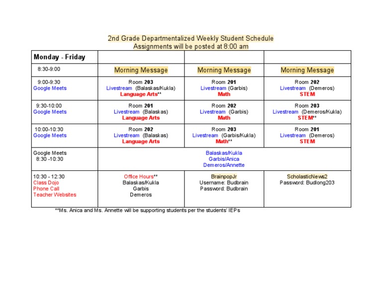2nd Grade Departmentalized Weekly Student Schedule | PDF