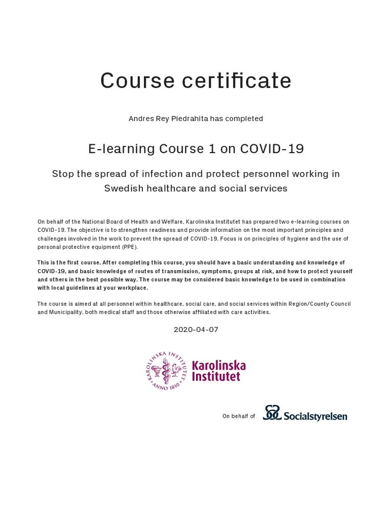 Course Certificate: E-Learning Course 1 On COVID-19 | PDF