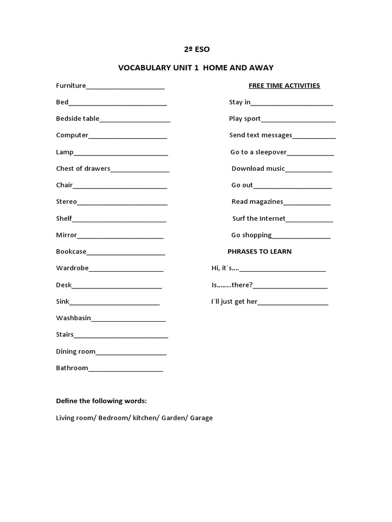 Vocabulary for Home and Away Unit 1 | PDF | Language Arts & Discipline