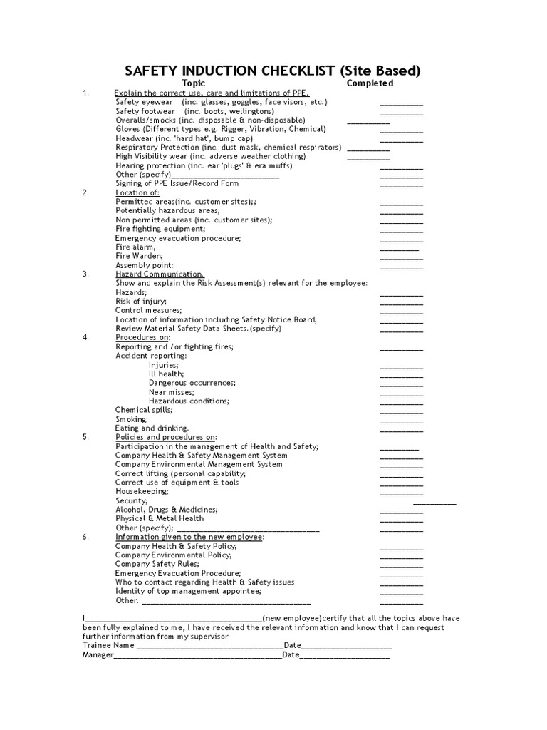 SAFETY INDUCTION CHECKLIST (Site Based) | PDF | Personal Protective ...
