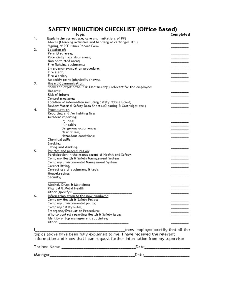 SAFETY INDUCTION CHECKLIST (Office Based) | PDF | Personal Protective ...