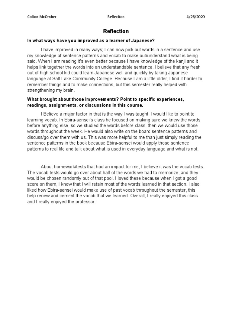 Reflection On Japanese 1020 | PDF | Language Arts & Discipline | Self ...