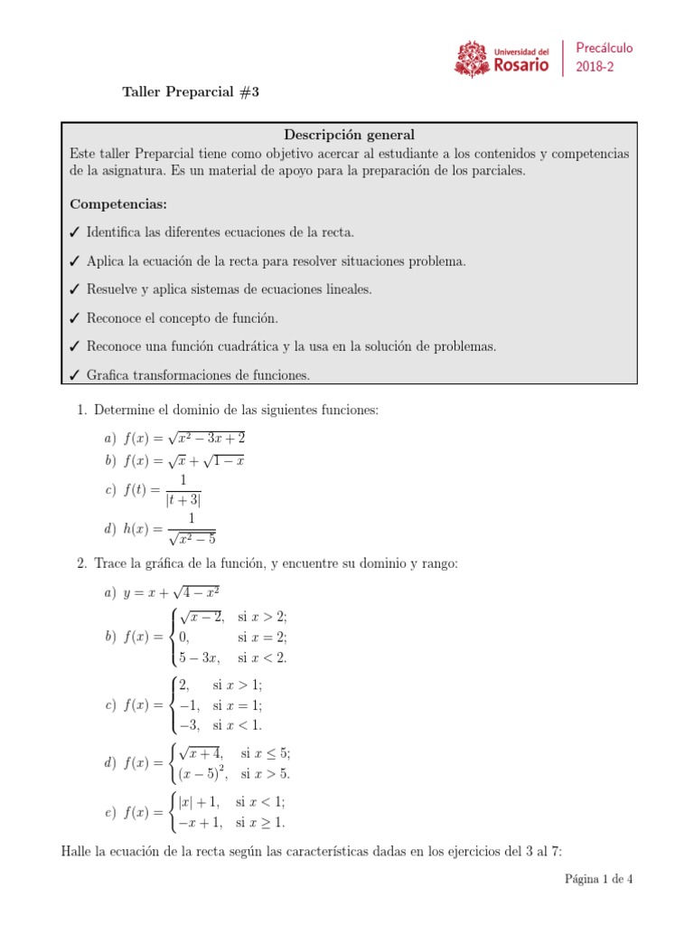 Taller 3 Preparcial Precalculo 2018-2 PDF | PDF | Línea (geometría) | Pendiente