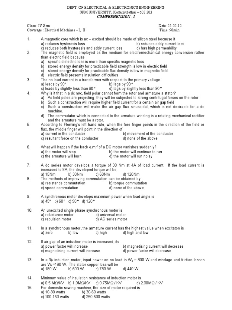 Comprehension - I: o o o o | PDF | Electric Motor | Transformer
