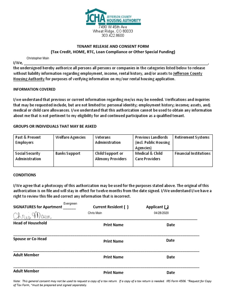 Tenant Release and Consent Form (Tax Credit, HOME, RTC, Loan Compliance ...