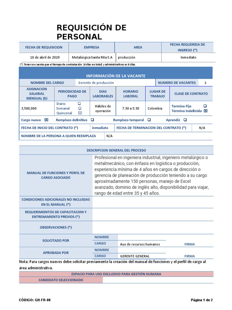 Requisicion de Personal Gestion Humana | PDF | Gestión de recursos ...