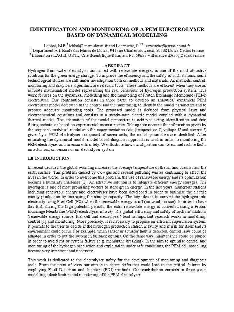 Identification and Monitoring of A Pem Electrolyser Based On Dynamical ...
