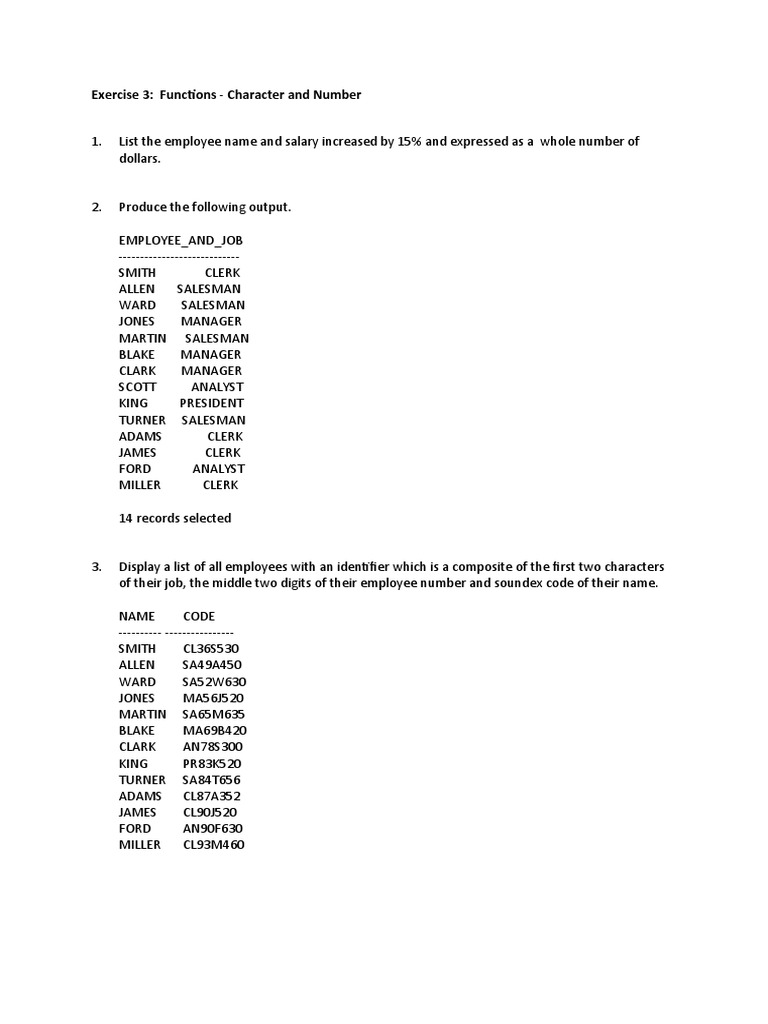 Exercise 3 Character and Number Function | PDF
