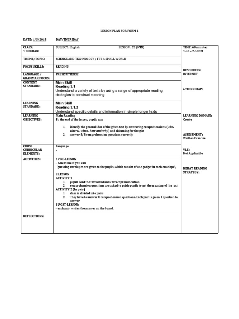 Lesson Plan | PDF | Reading Comprehension | Lesson Plan