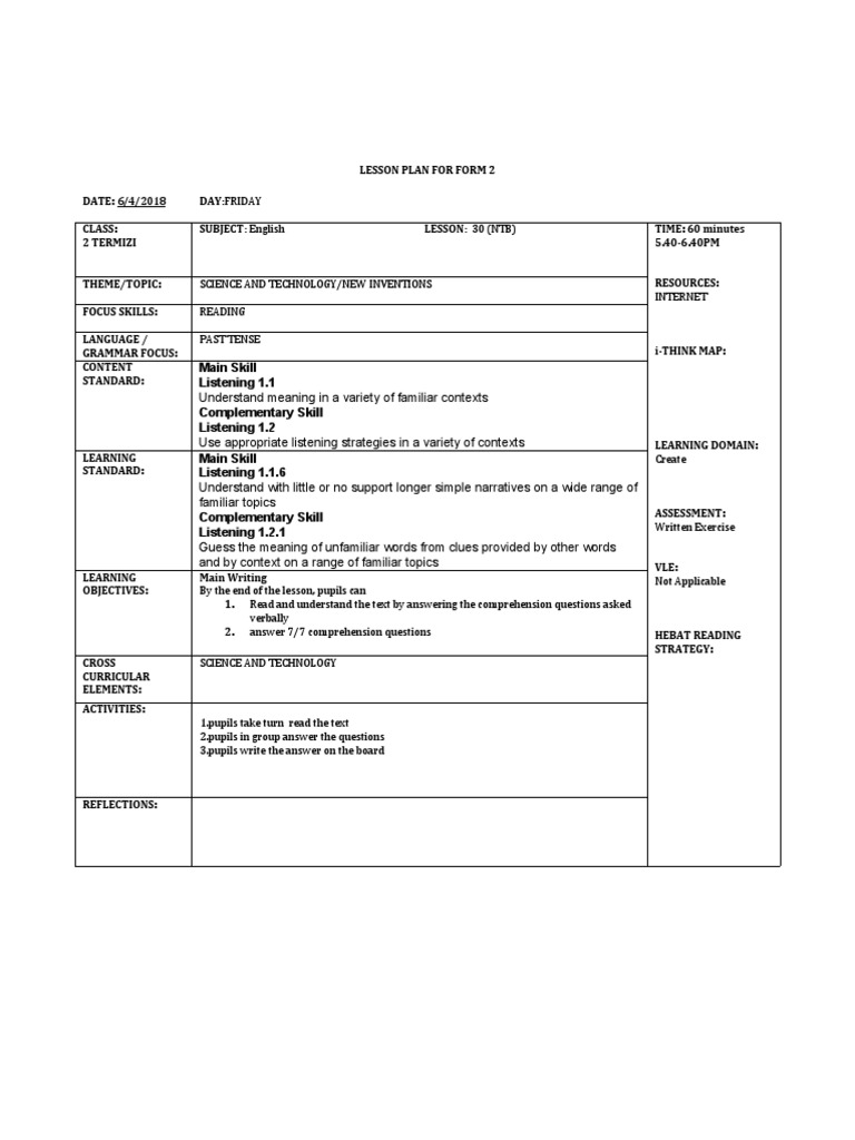 Form 2 Lesson Plan on Science and Technology | PDF | Reading ...