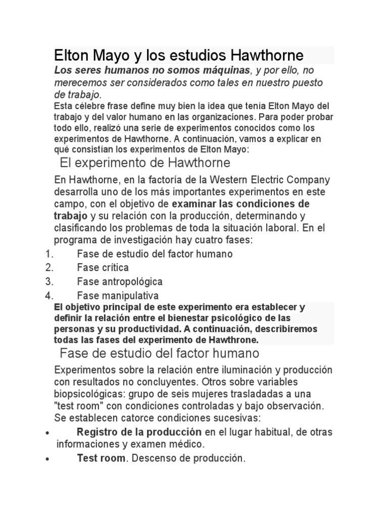 Elton Mayo y Los Estudios Hawthorne | PDF | Ciencias del comportamiento ...