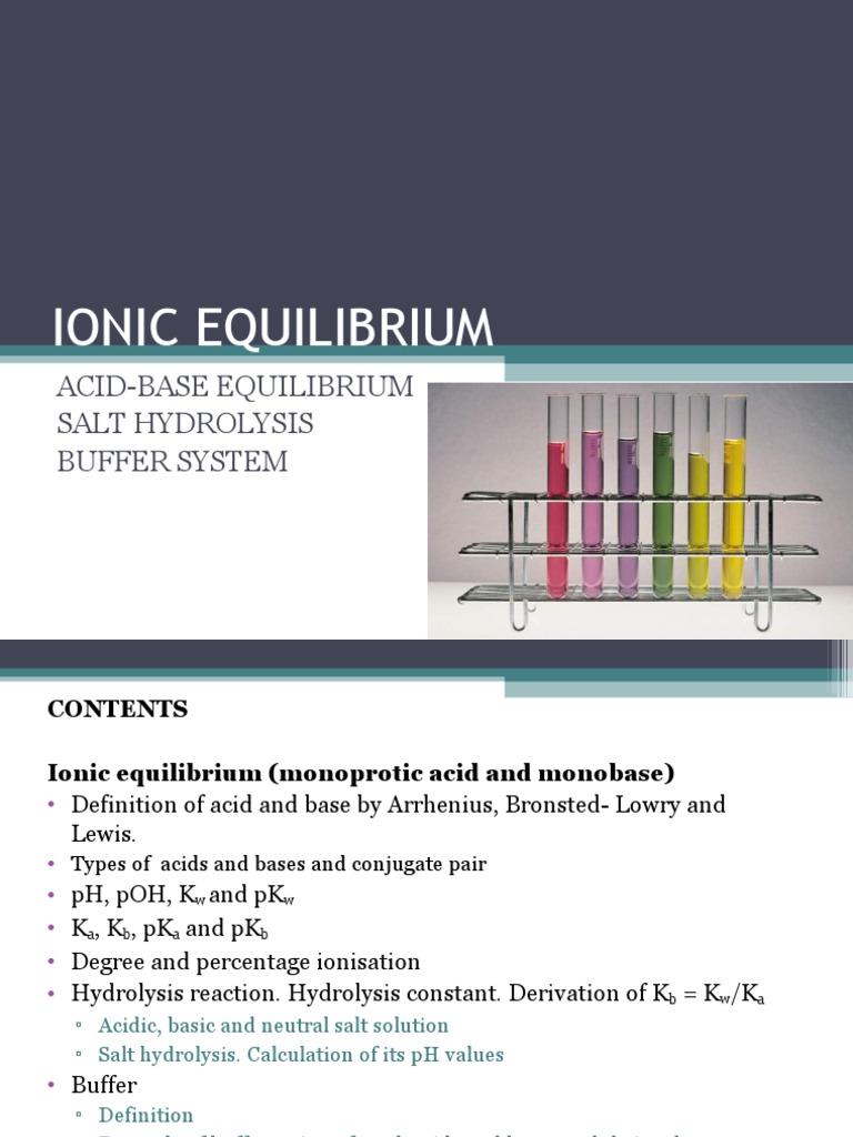 Ionic Equilibrium: Acid-Base Equilibrium Salt Hydrolysis Buffer System | PDF | Acid ...