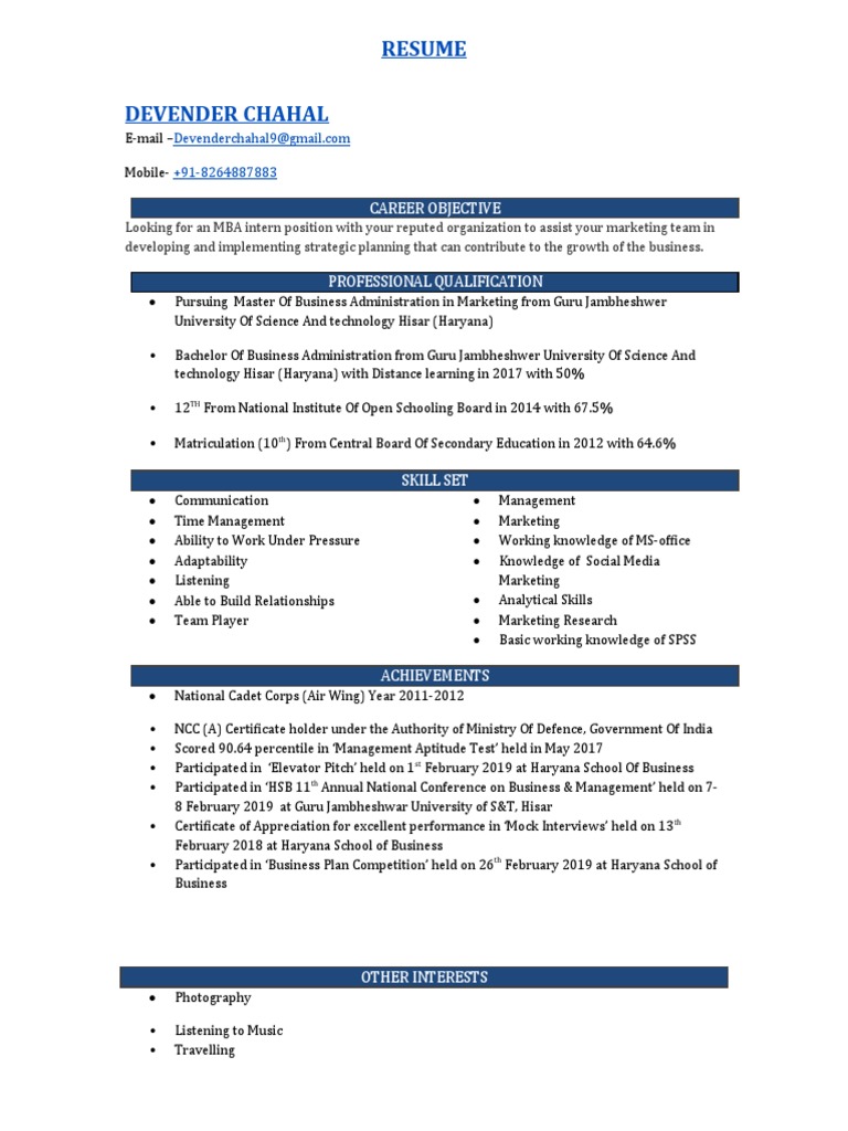 Devender Resume | PDF | Master Of Business Administration | Behavior Modification