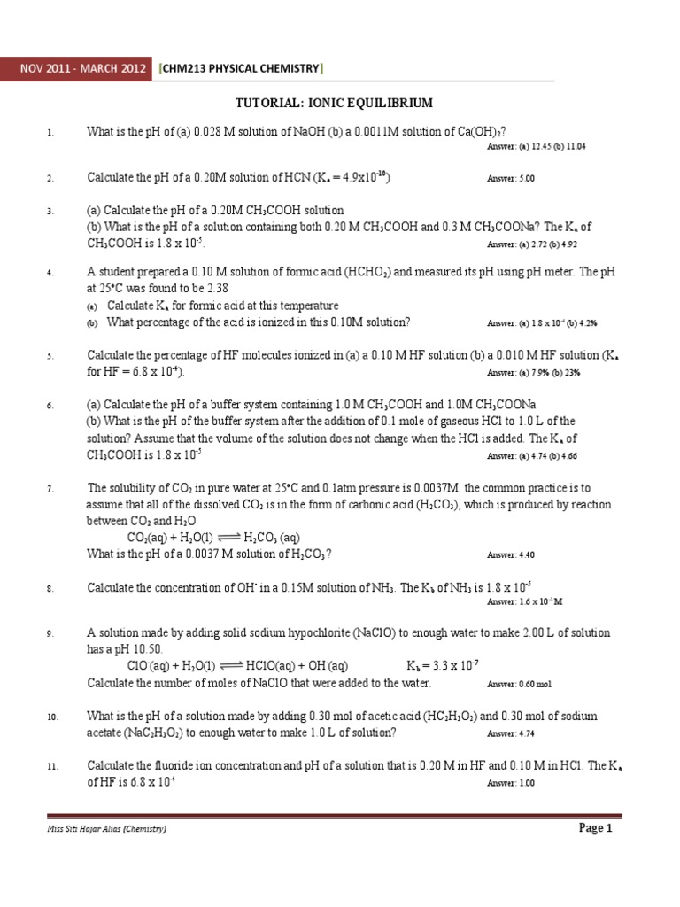 Tutorial 4 Ionic Equilibrium | PDF | Ph | Acid