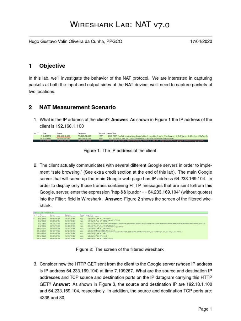 Wireshark Lab: NAT v7.0: 1 Objective | PDF | Transmission Control Protocol | Internet Protocols