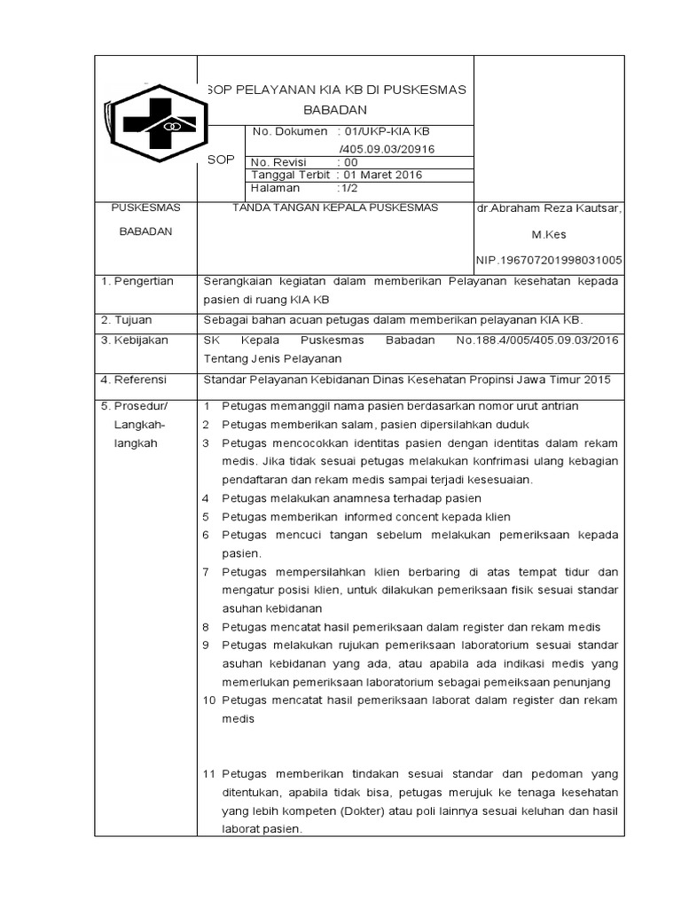 Sop Pelayanan Kia KB Di Puskesmas | PDF