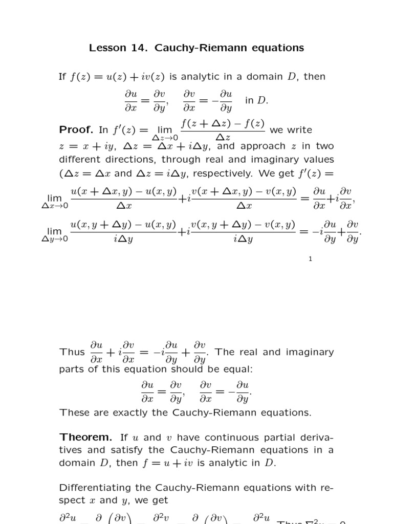 Lesson 14. Cauchy-Riemann Equations: If F (Z) U (Z) + IV (Z) Is Analytic in A Domain D, Then in ...