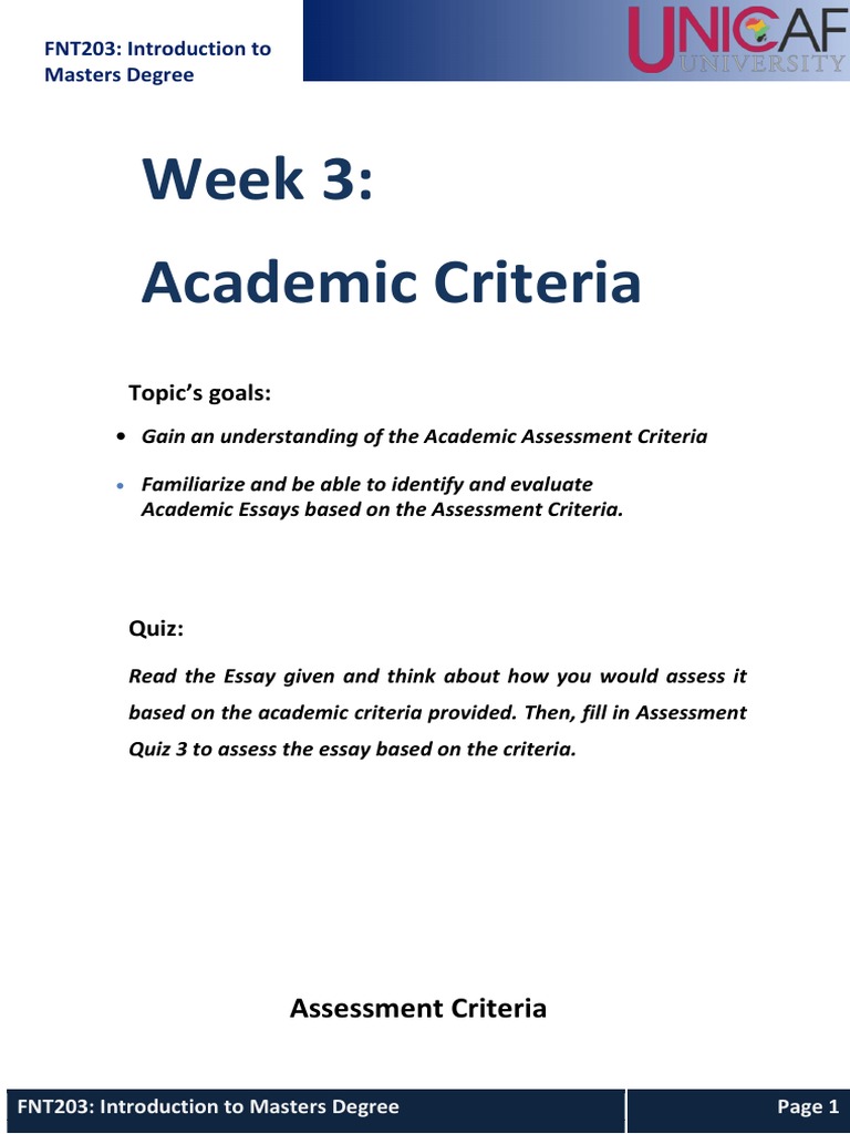 Week 3: Academic Criteria: Topic's Goals | PDF | Paragraph | Essays