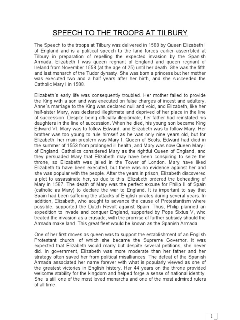 Speech To The Troops at Tilbury | PDF | Elizabeth I Of England | England