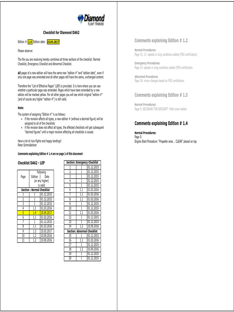 Checklist For Diamond DA62: Comments Explaining Edition # 1.2 | PDF ...