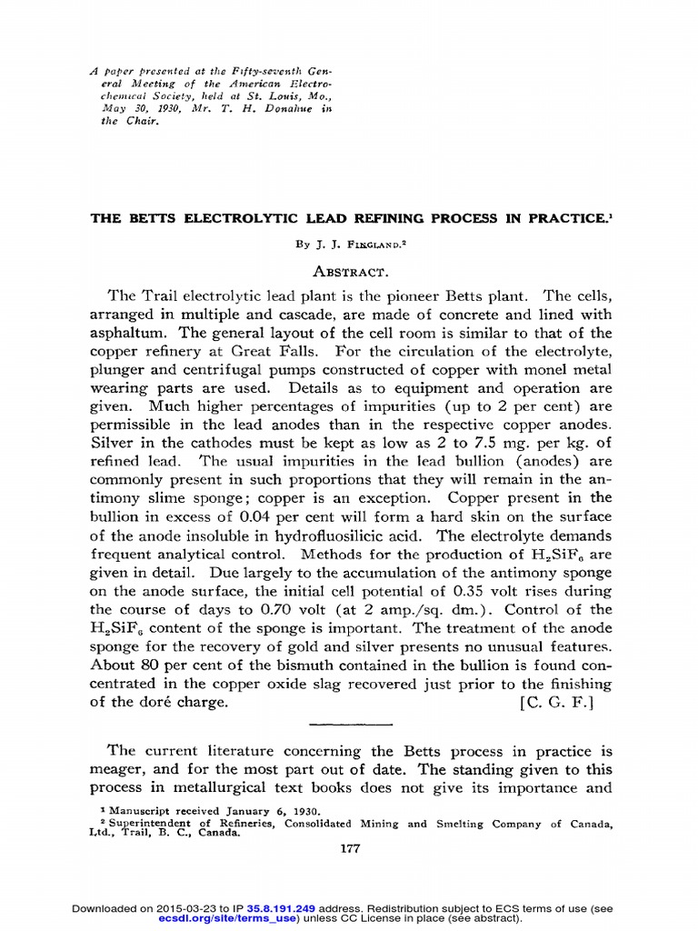 Betts Process in Lead Refining Operations | PDF | Anode | Lead
